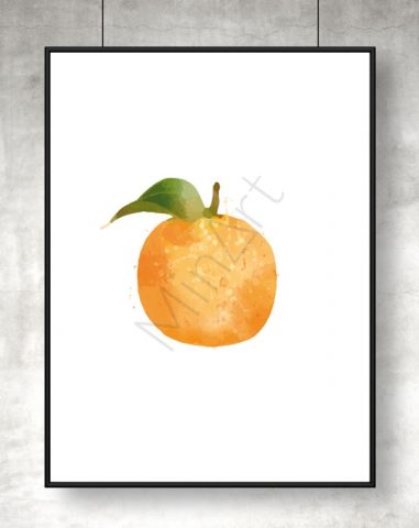 Poster av en apelsin i akvarell med klara färger.